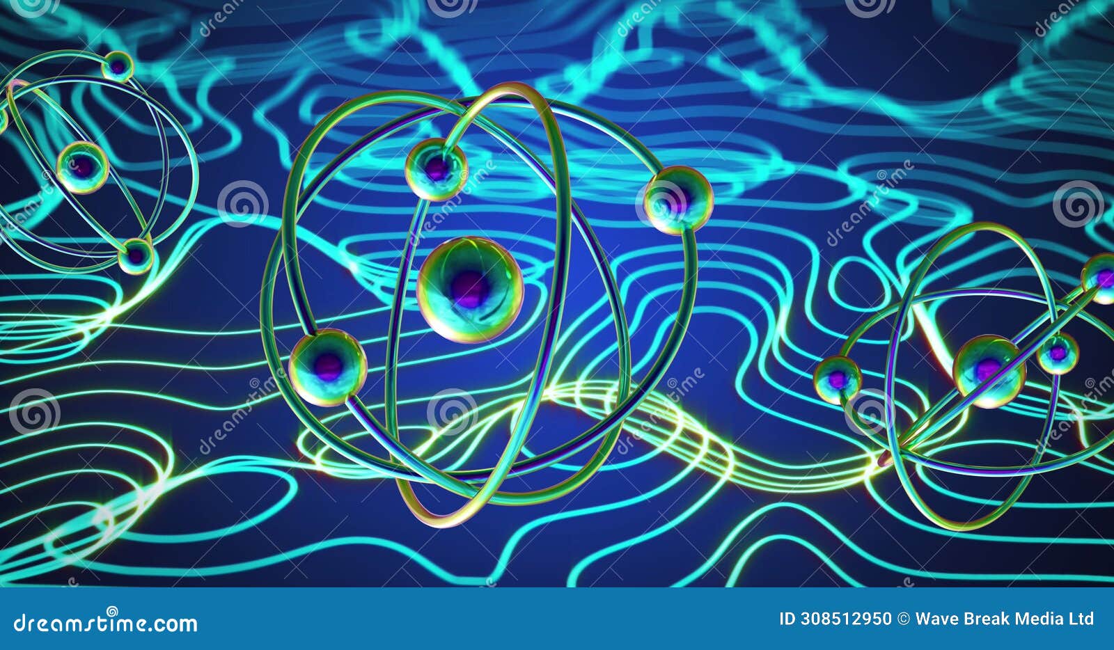 Image of Micro of Atom Models Over Lines on Blue Background Stock Photo ...
