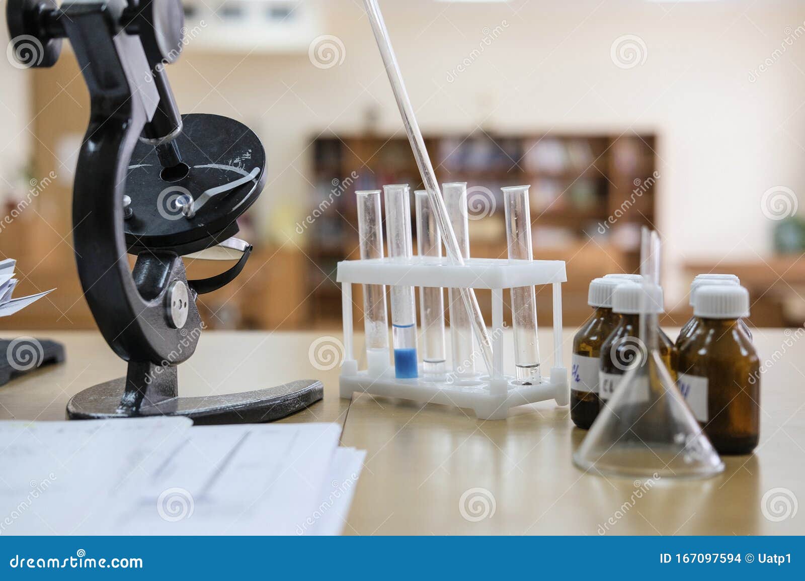 Microscope and Test Tubes on the Desktop Stock Photo - Image of ...