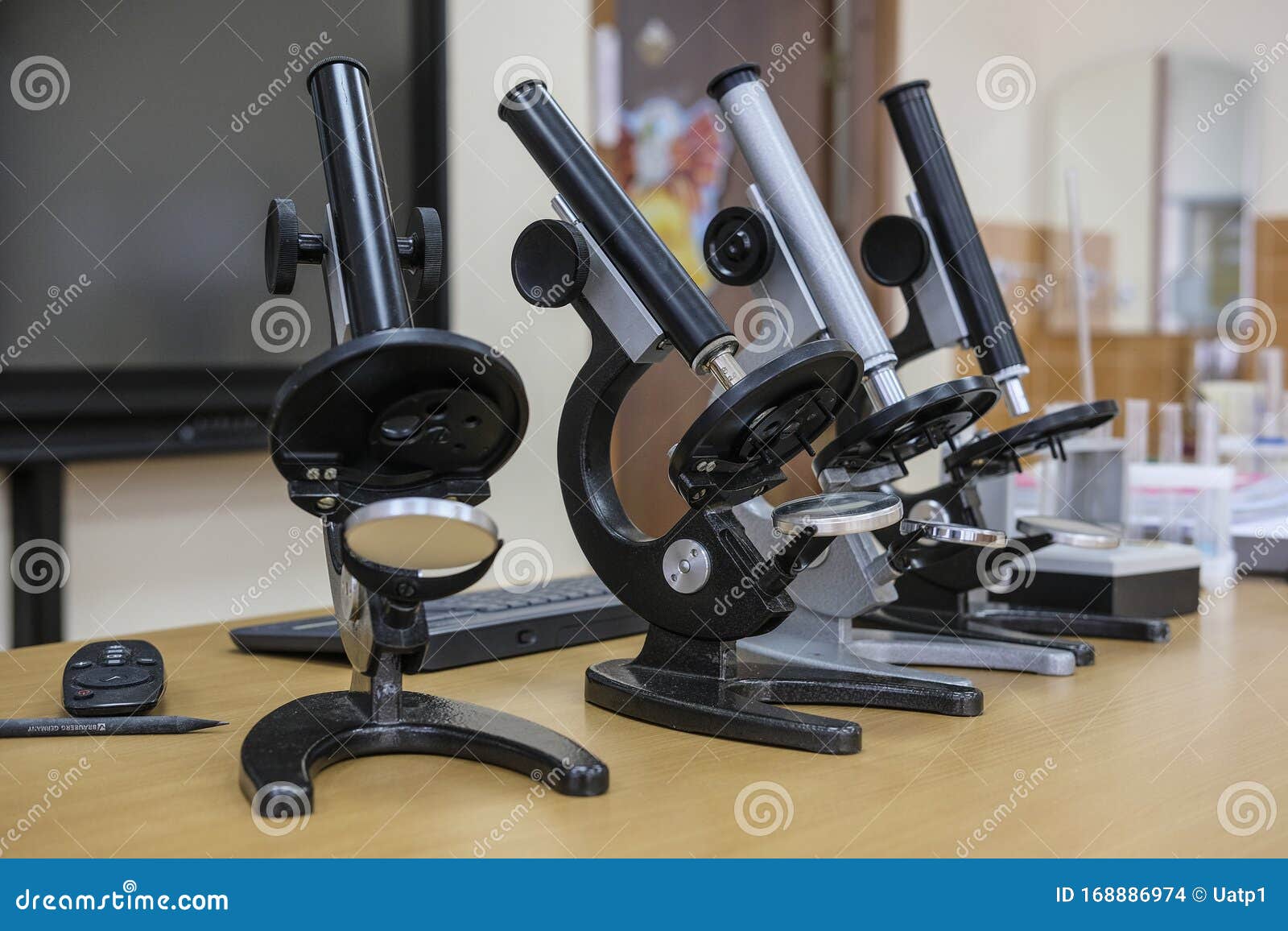 Microscopes on a School Desk Stock Photo - Image of microbiology ...