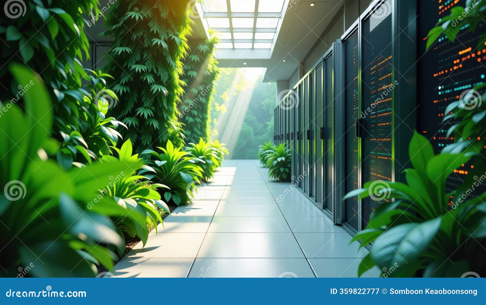 Eco-Friendly Data Center with Green Plants and Sunlight. Sustainable ...