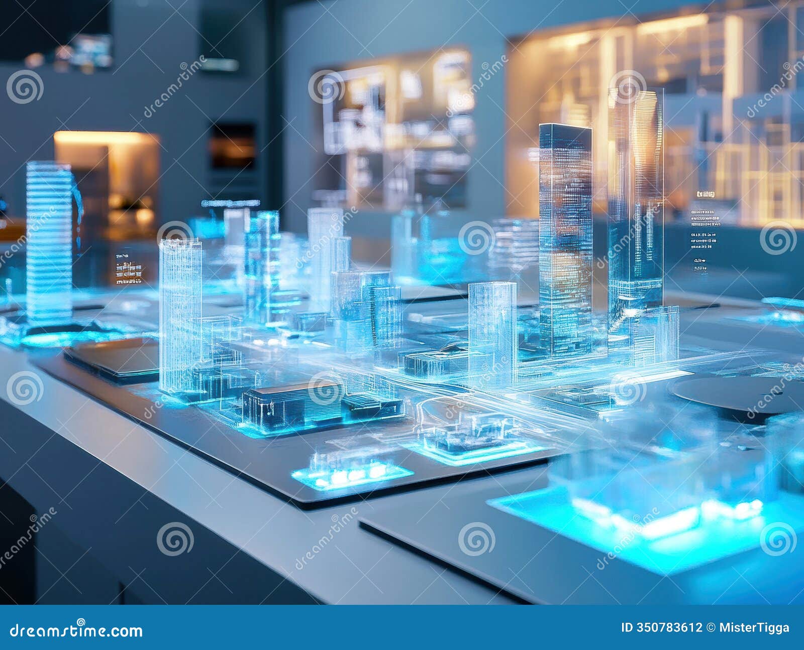 An Image of a Modern, High-tech Room with a Table Featuring a 3D City ...