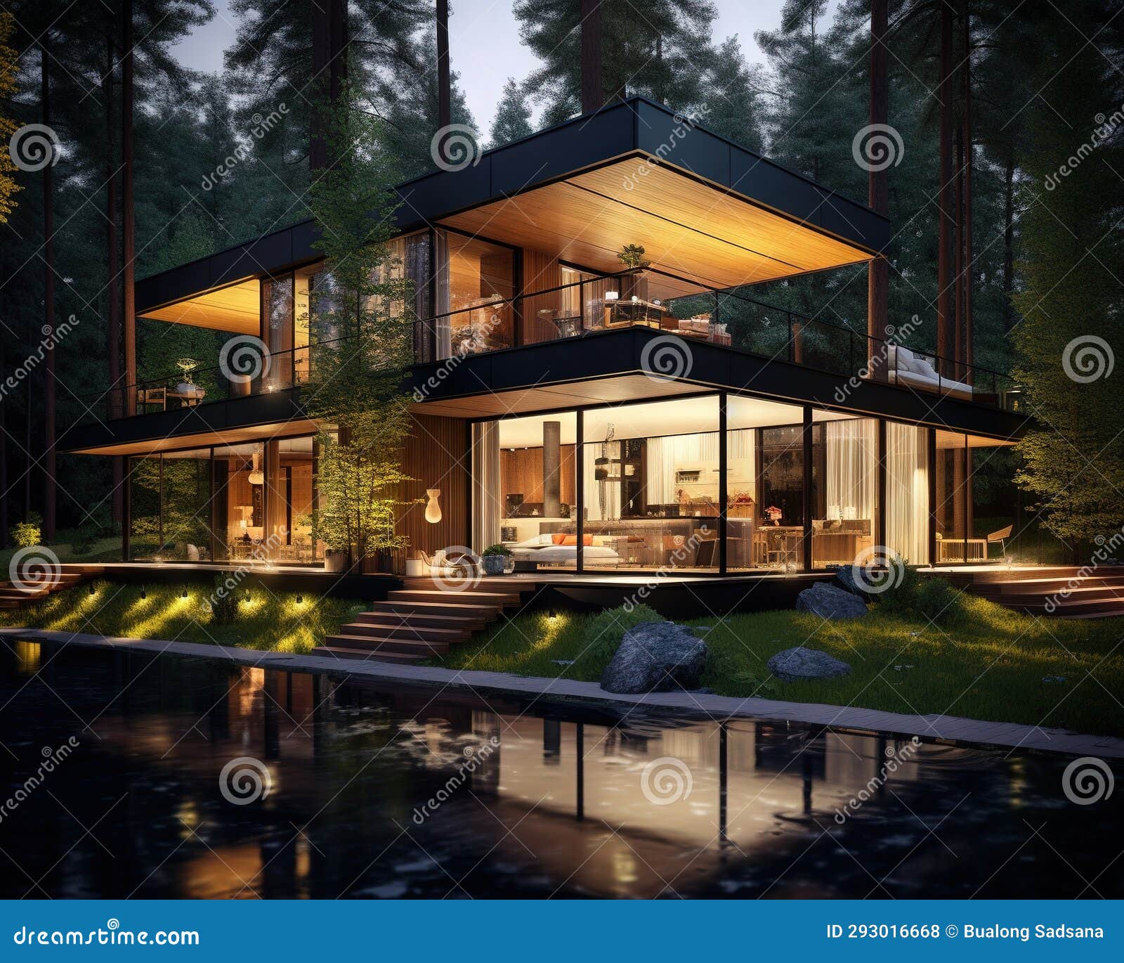 Modern House in a Forest is Warm. Stock Illustration - Illustration of ...