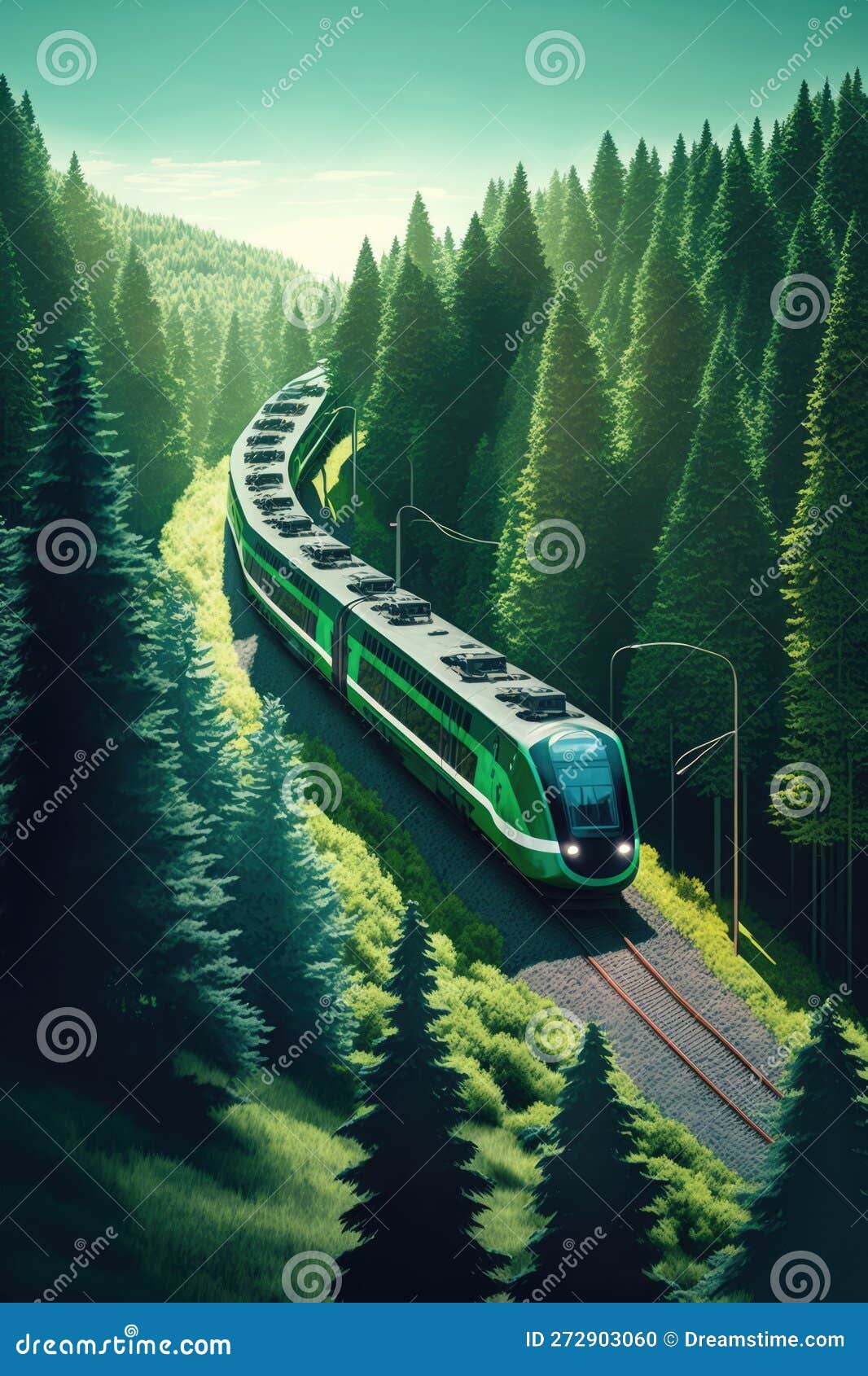 Image of Modern Train on Tracks in Fir Tree Forest, Created Using ...