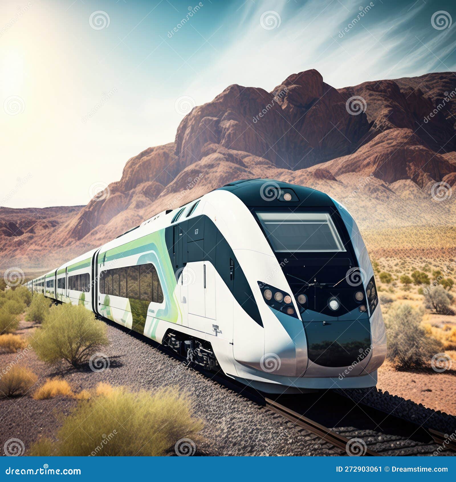 Image of Modern Train on Tracks Over Mountains and Blue Sky, Created ...