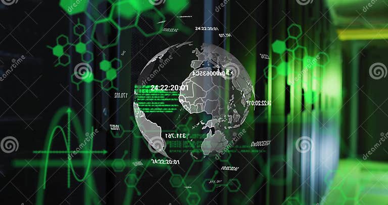 Image of Molecule Structures, Computer Language, Numbers Around Globe Over Server Room Stock ...