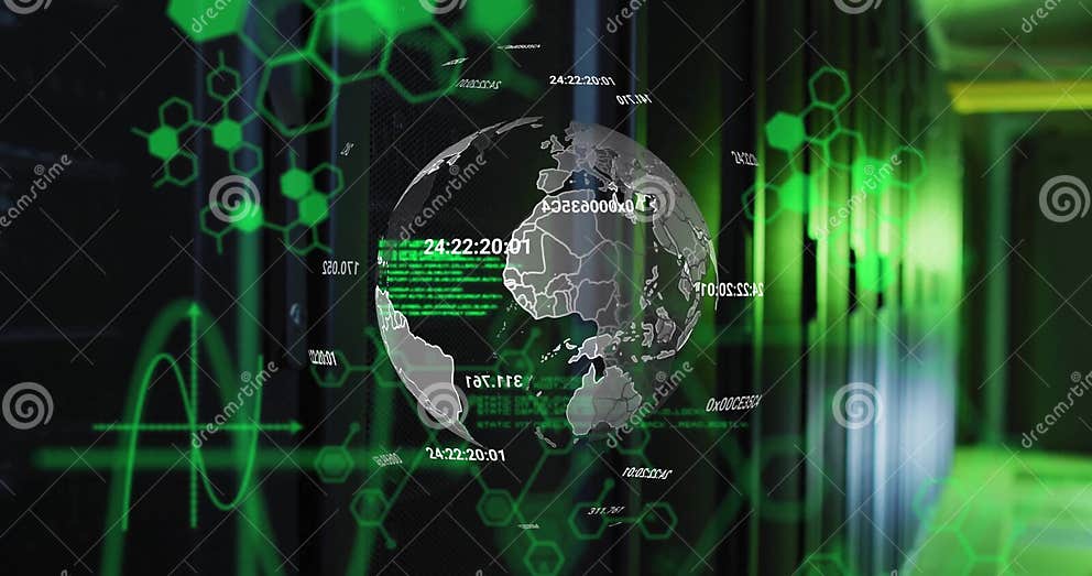 Image of Molecule Structures, Computer Language, Numbers Around Globe Over Server Room Stock ...