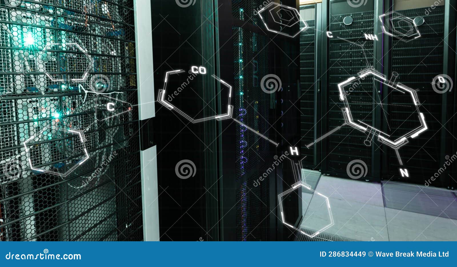 Image of Molecule Structures Over Illuminated Server Racks in Server ...