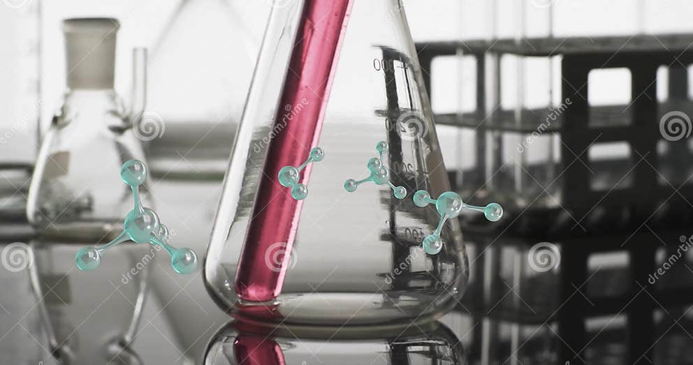 Image of Molecules Moving Over Laboratory Dishes on Grey Background ...