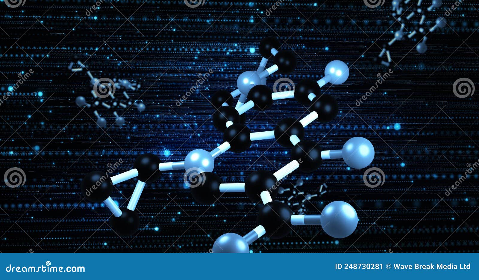 Image of Molecules Rotating on Blue and Black Background Stock ...