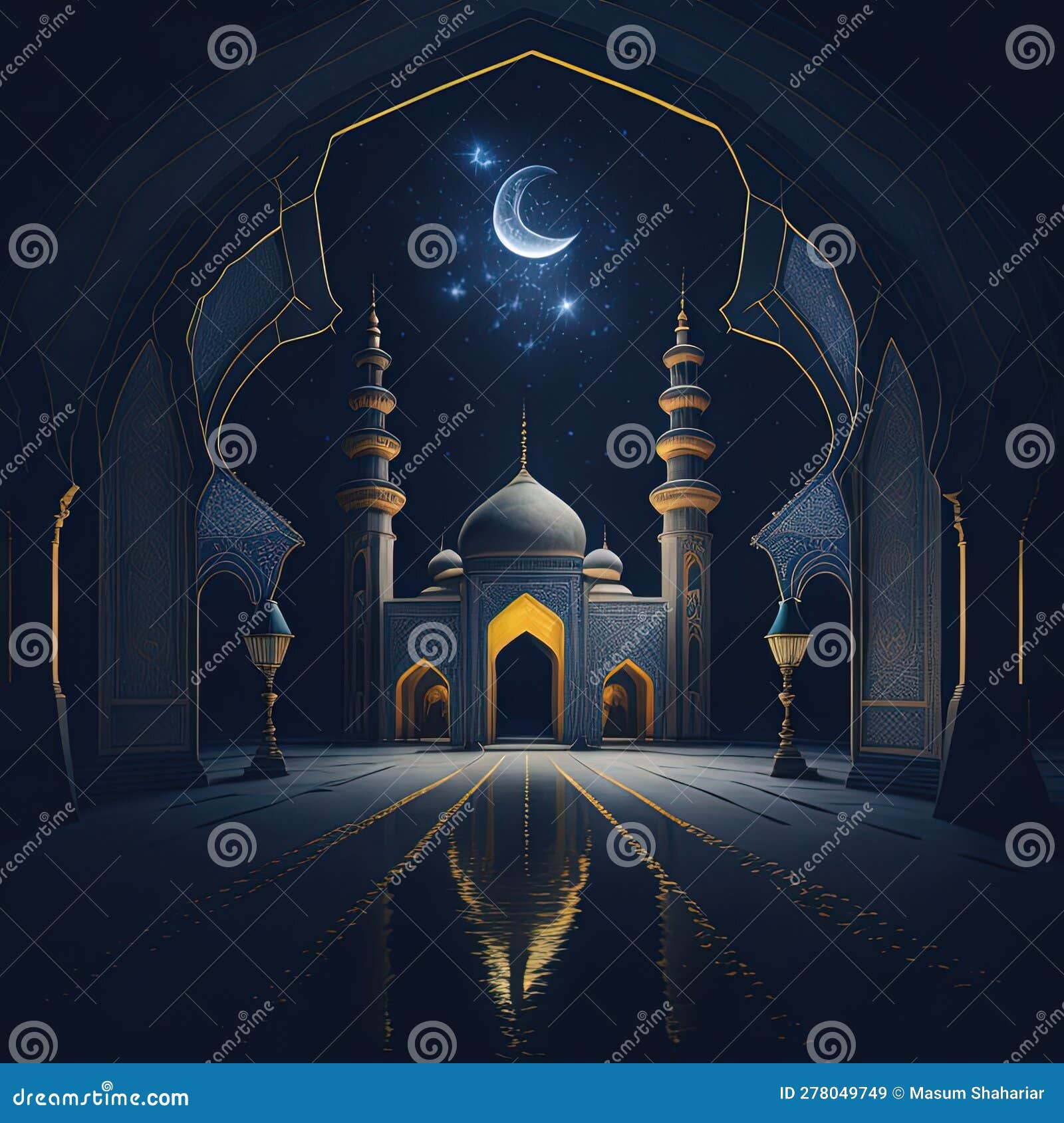 An Image of a Mosque with a Moon and Stars in the Sky. Stock ...