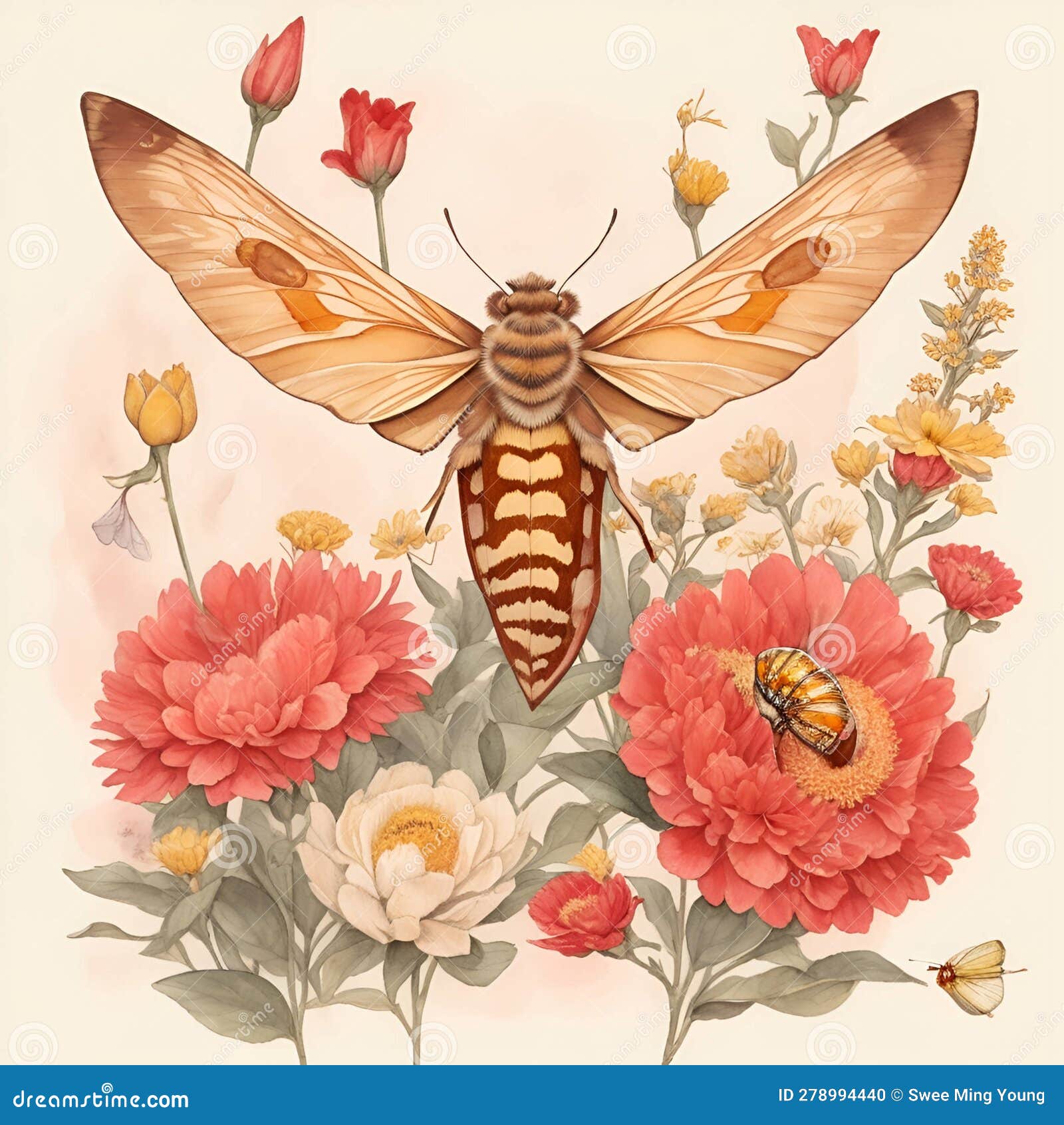 Image of Moth on Flowers with Watercolor Background. Stock Illustration ...
