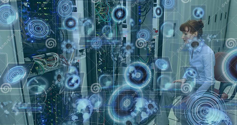 Image of Moving Screens Over Caucasian Female Server Room Worker Stock ...