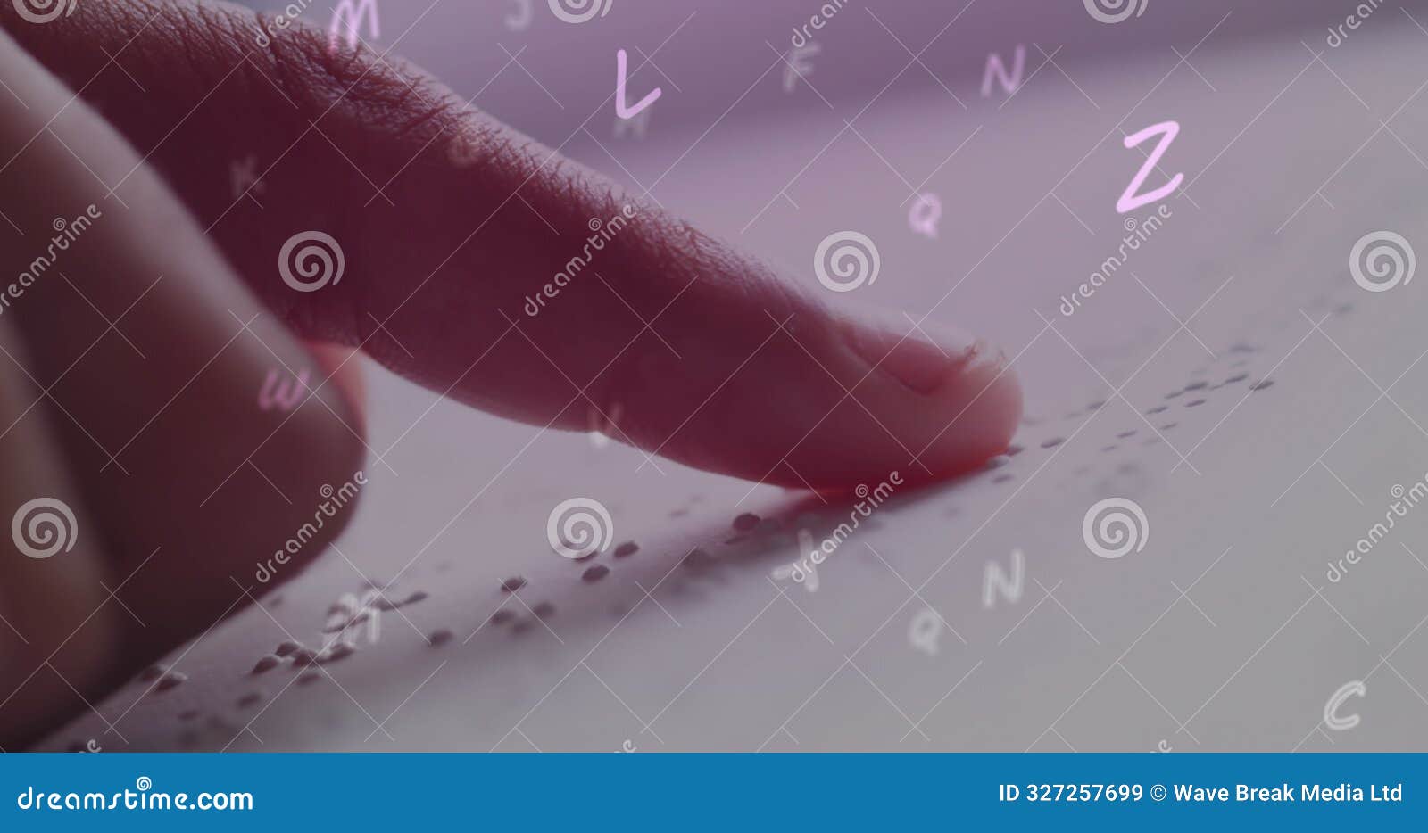 Image of Multiple Alphabets Floating Over Close Up of a Finger Reading ...
