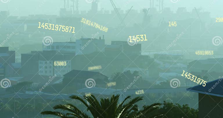 Image of Multiple Changing Numbers Against Aerial View of Cityscape ...