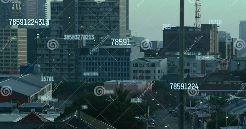 Image of Multiple Changing Numbers Against Aerial View of Cityscape ...