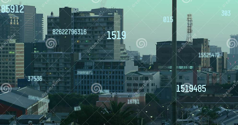 Image of Multiple Changing Numbers Against Aerial View of Cityscape ...