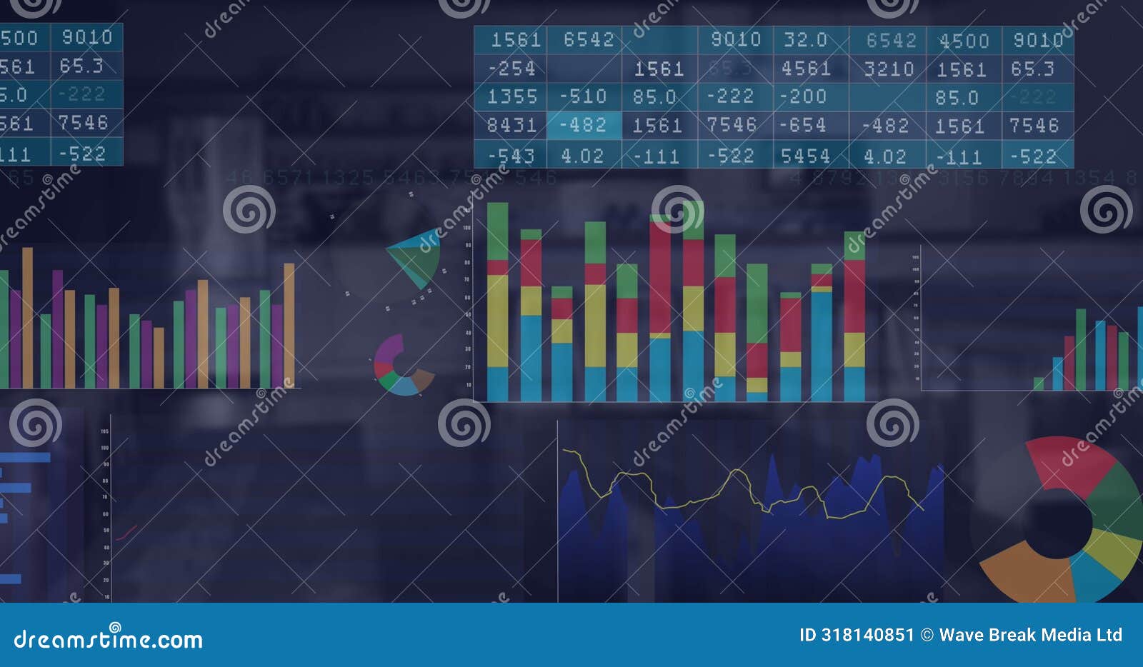 Image of Multiple Charts and Graphs Over Defocused Cafes Interior Stock ...