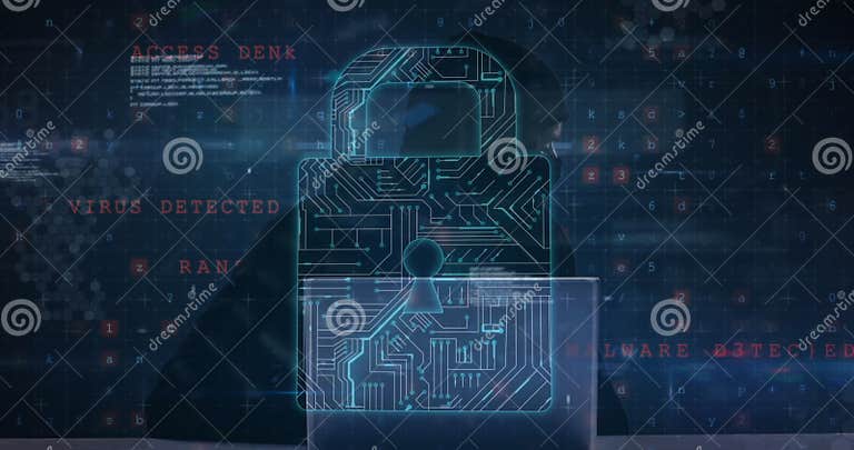 Image of Multiple Computer Screens, Online Security Padlock Over Hacker Using Computer Stock ...
