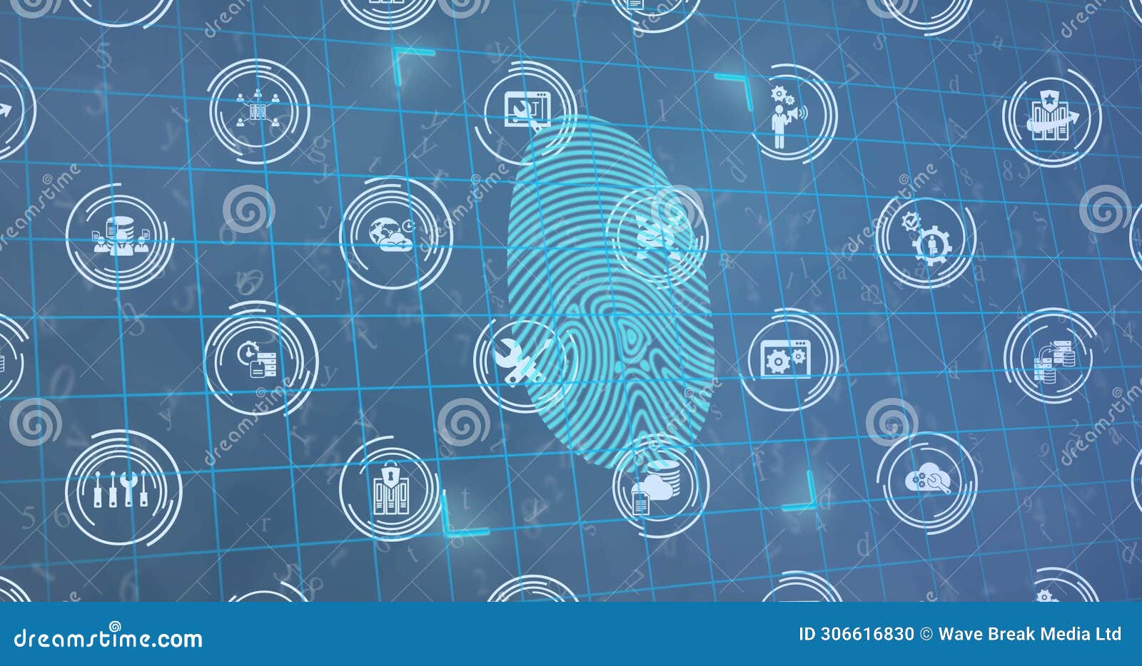 Image of Multiple Digital Icons with Biometric Fingerprint on Blue ...