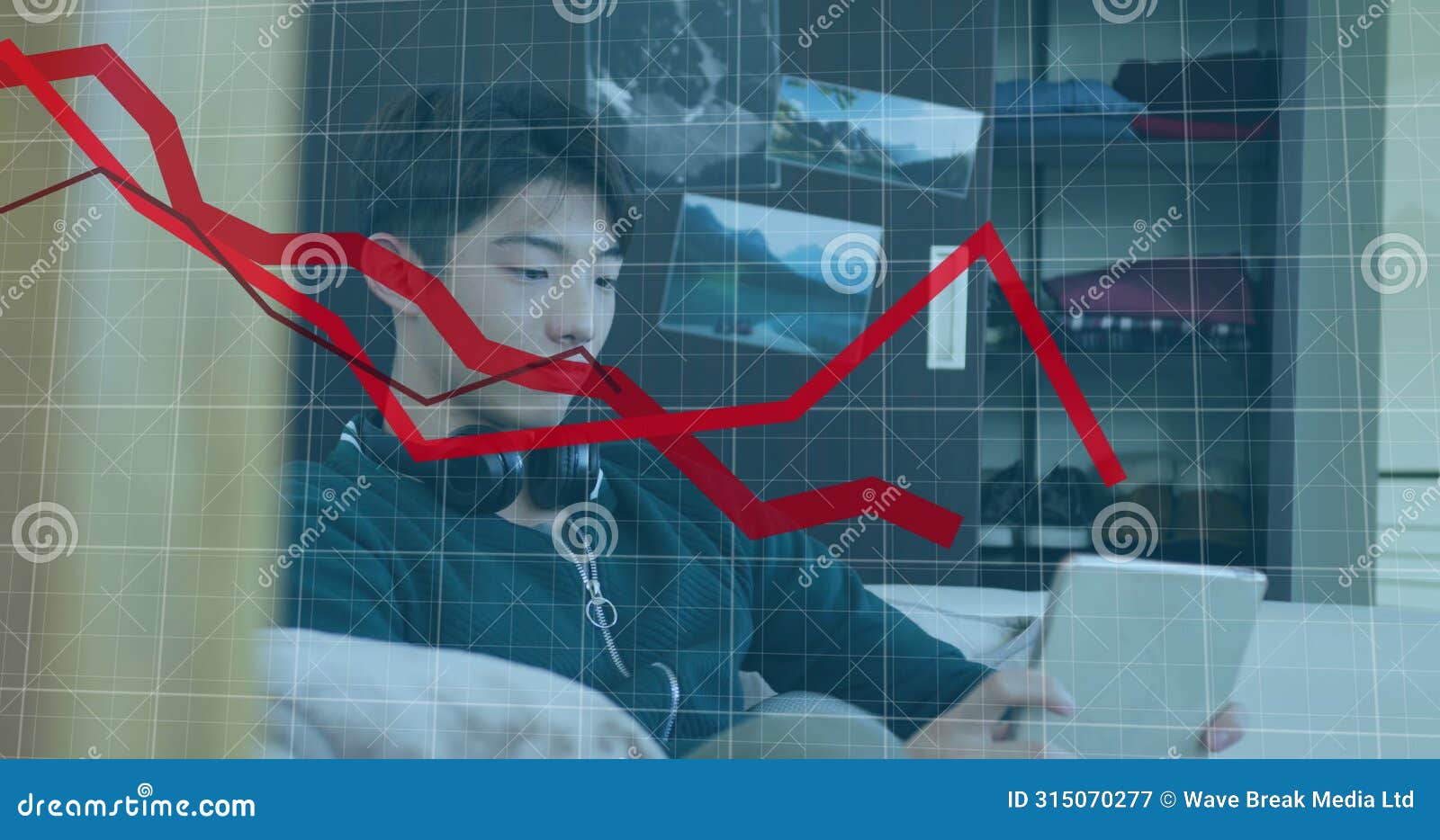 Image of Multiple Falling Graphs Over Asian Boy Playing Game on Digital ...