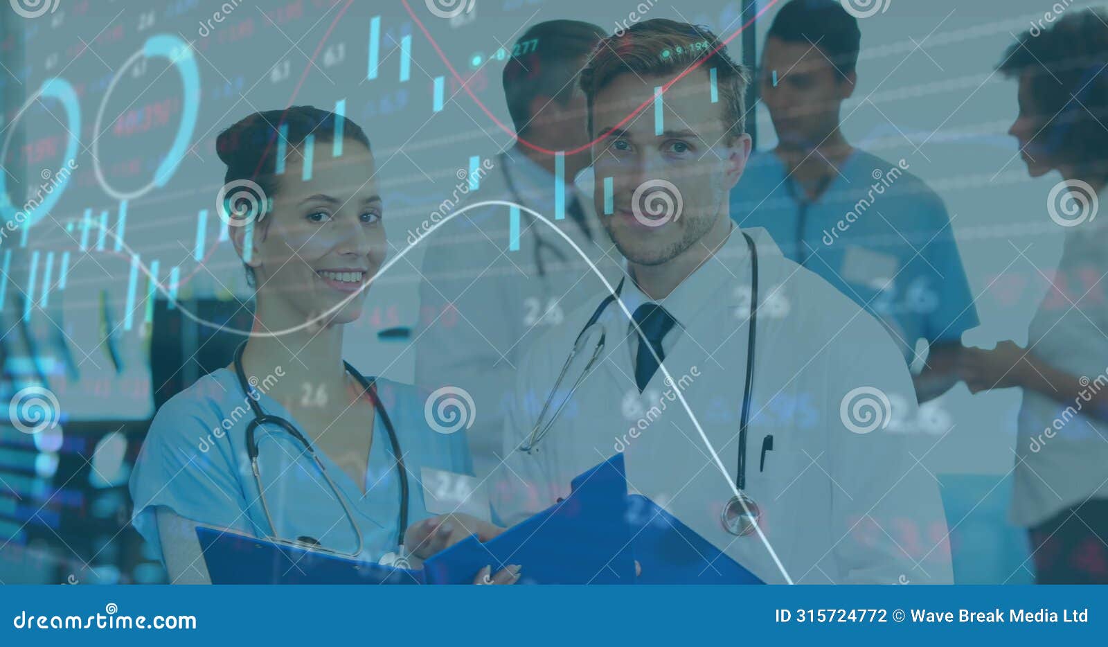 Image of Multiple Graphs Moving Over Diverse Smiling Doctors Analyzing ...