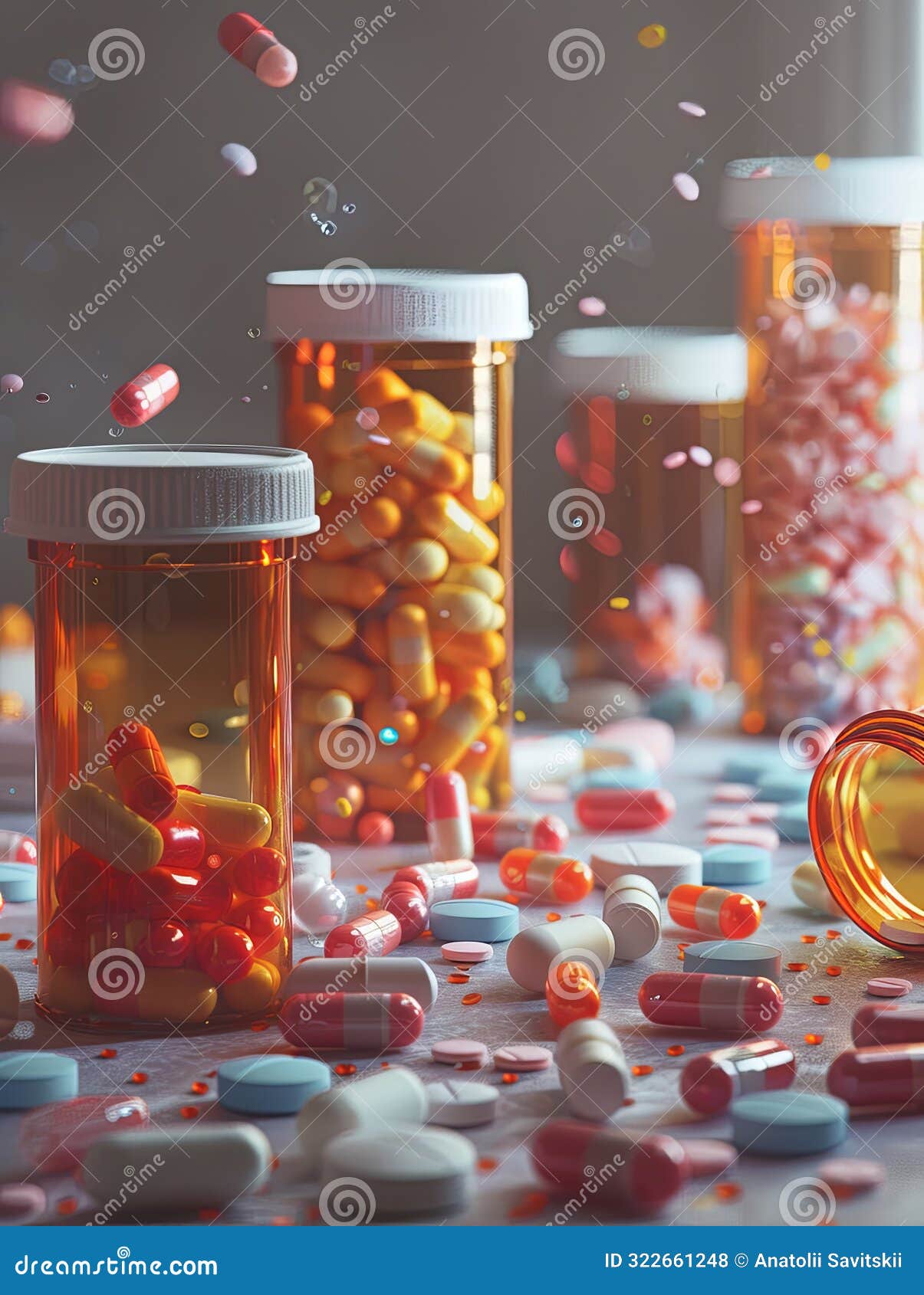 An Image of Multiple Prescription Pill Bottles with Their Caps Open and ...