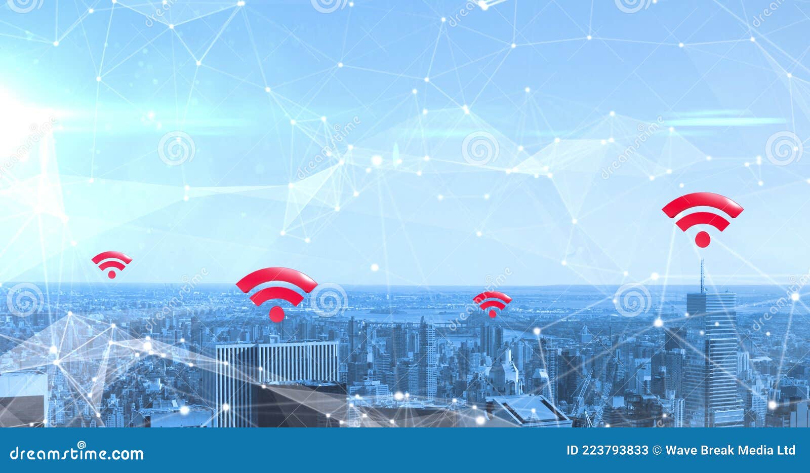 Image of Multiple Red Wifi Symbols Over Network of Connections and ...