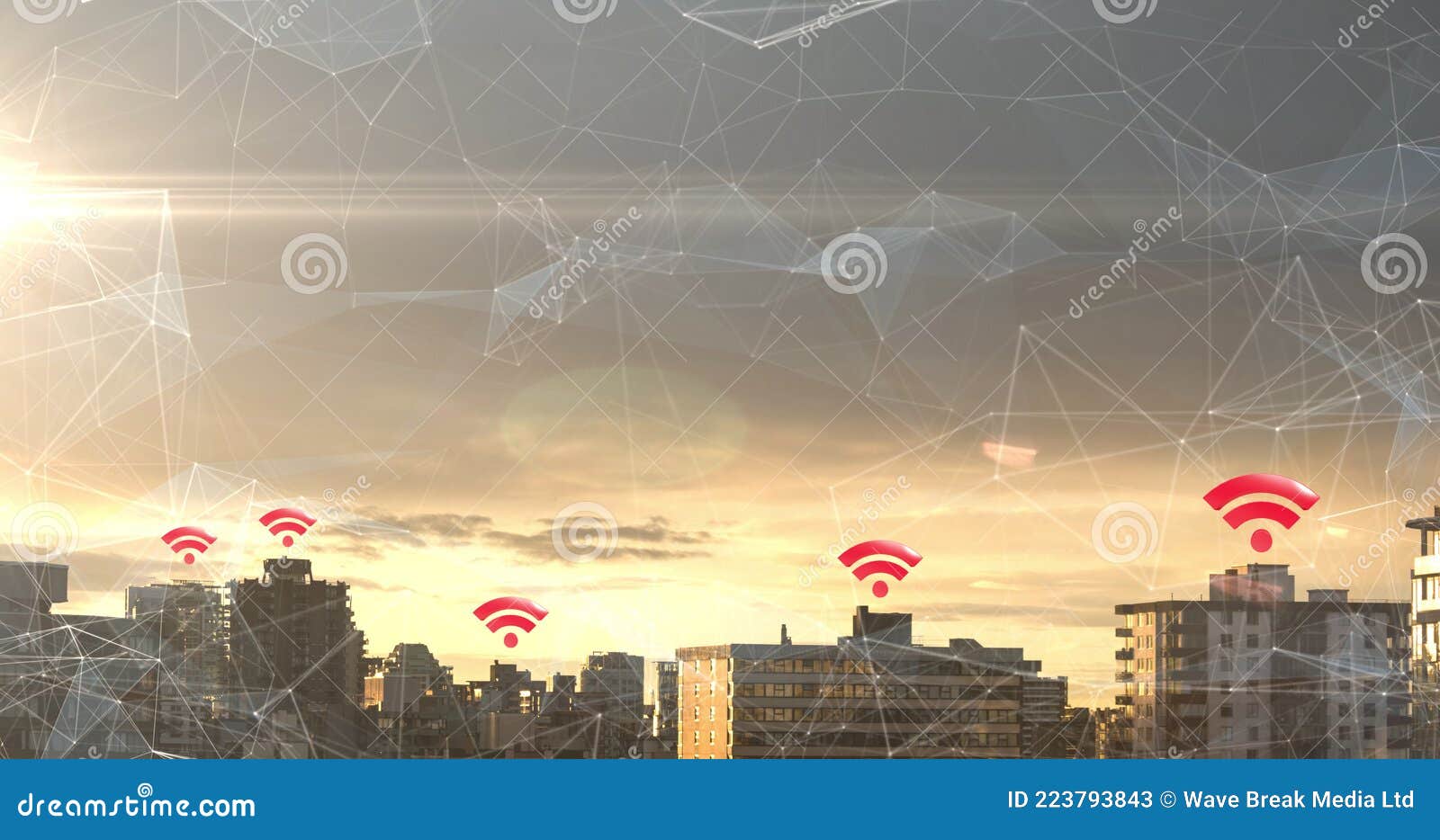 Image of Multiple Red Wifi Symbols Over Network of Connections and ...