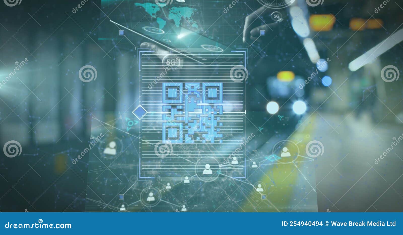 Image of Multiple Screens with Data Processing and Qr Code Scanner Over ...