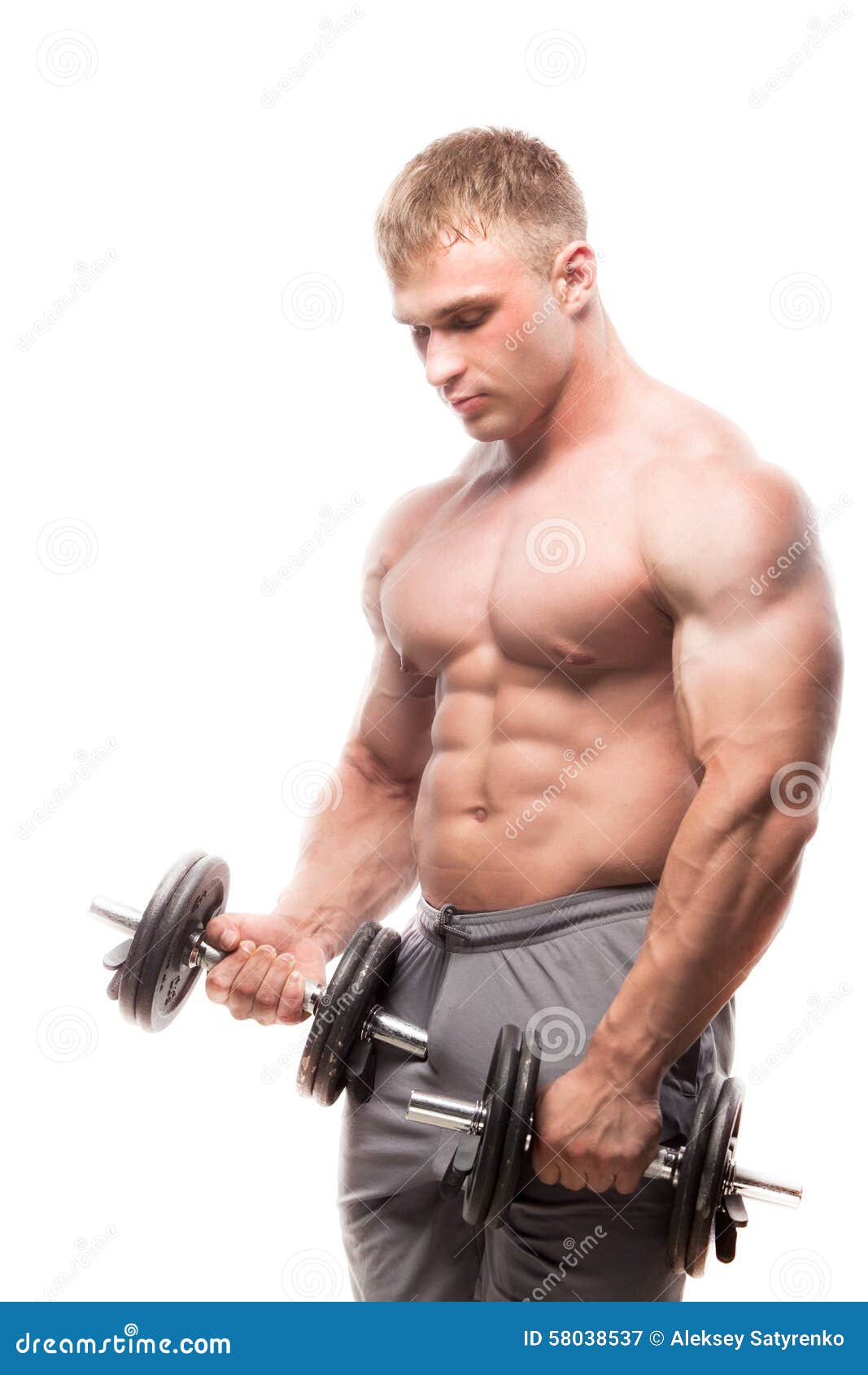 Image of Muscle Man Posing in Studio. Doing Bicep Stock Image - Image ...