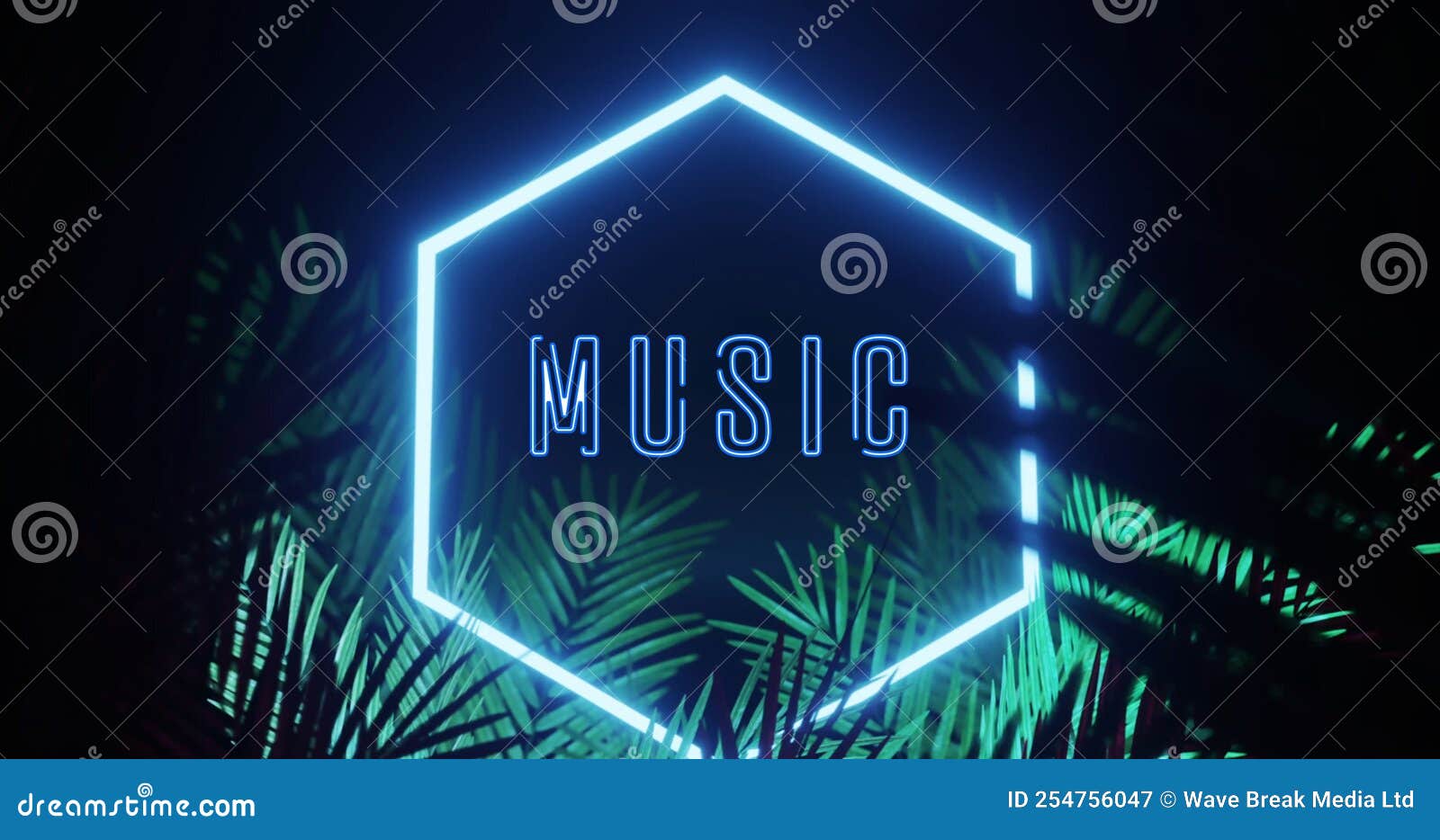 Image of Music Text Over Neon Shape and Leaves on Black Background ...