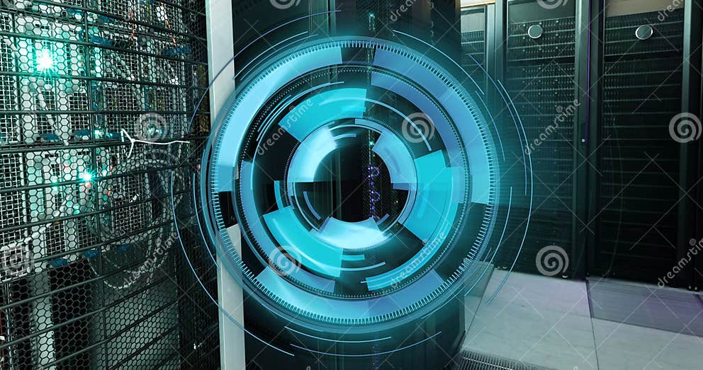 Image of Neon Blue Round Scanner Spinning Against Computer Server Room ...