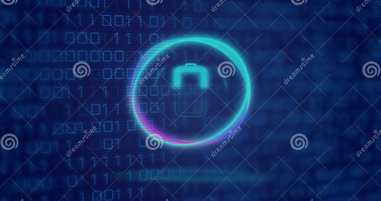 Image of Neon Circle with Battery Over Digital Screen with Binary Code ...