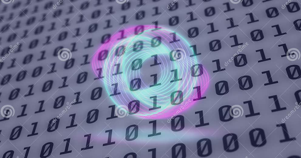 Image of Neon Circles Over Digital Screen with Binary Code Stock ...