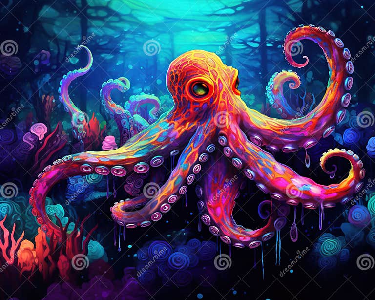 An Image of a Neon Colored Octopus. Stock Illustration - Illustration ...