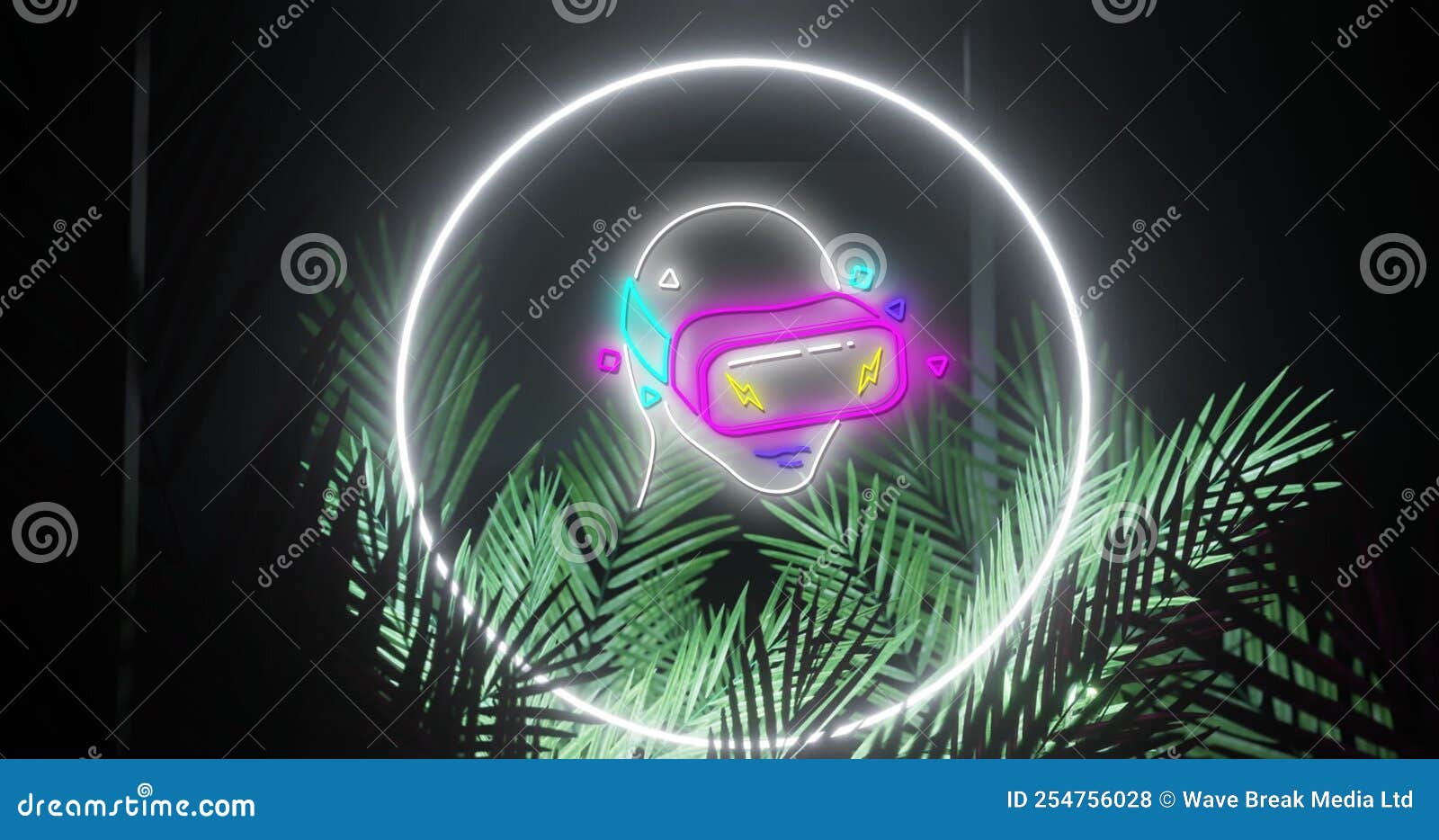 Image of Neon Head in Vr Headset and Ring in White Neon, Over Palm ...