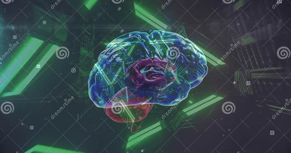 Image of Neon Lights Rotating Over Brain on Black Background Stock ...