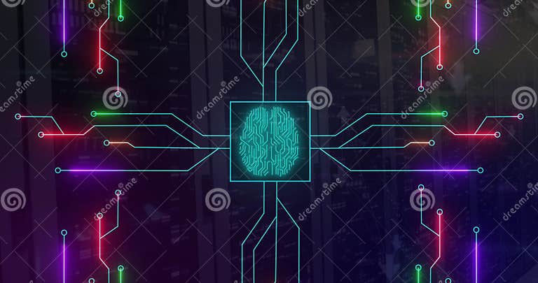 Image of Neon Network of Connections with Digital Brain Over Server ...