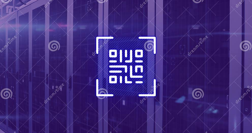Image of Neon Qr Code Over Server Room in Violet Stock Photo - Image of ...