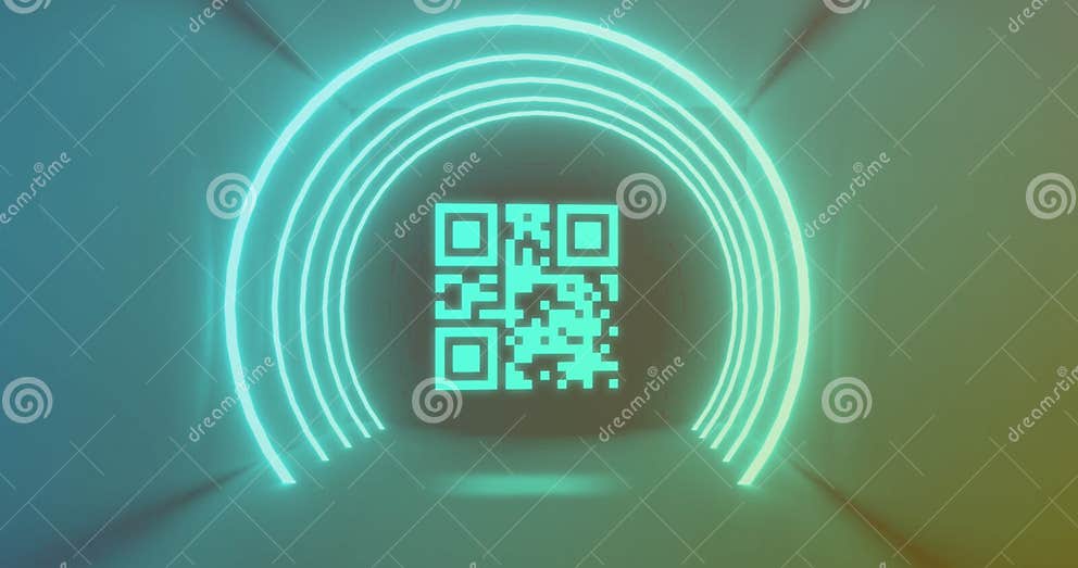 Image of Neon Qr Code Scanner and Light Trails Against Blue Background ...