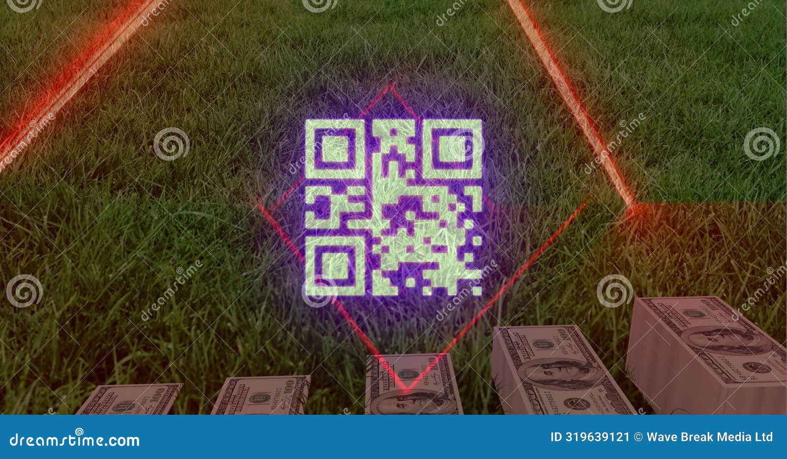 Image of Neon Qr Code Scanner and Light Trails Against Stack of Dollar ...