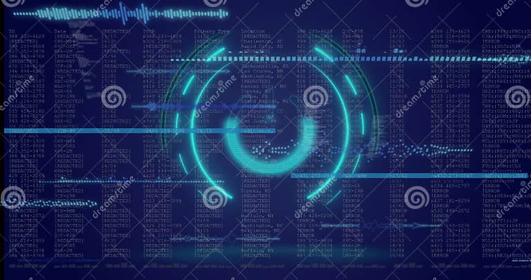 Image of Neon Round Scanner and Light Trails Over Data Processing on ...