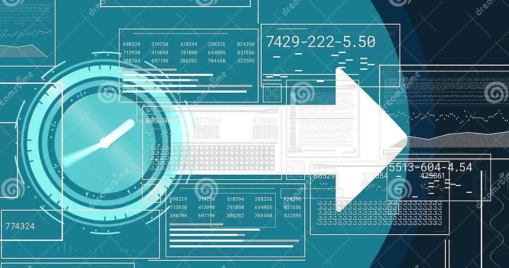 Image of Neon Ticking Clock and Arrow Icons Against Interface with Data ...