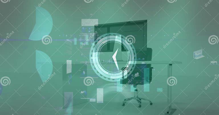 Image of Neon Ticking Clock and Data Processing Against Office Desk ...