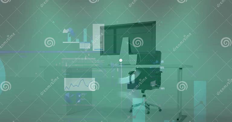 Image of Neon Ticking Clock and Data Processing Against Office Desk ...