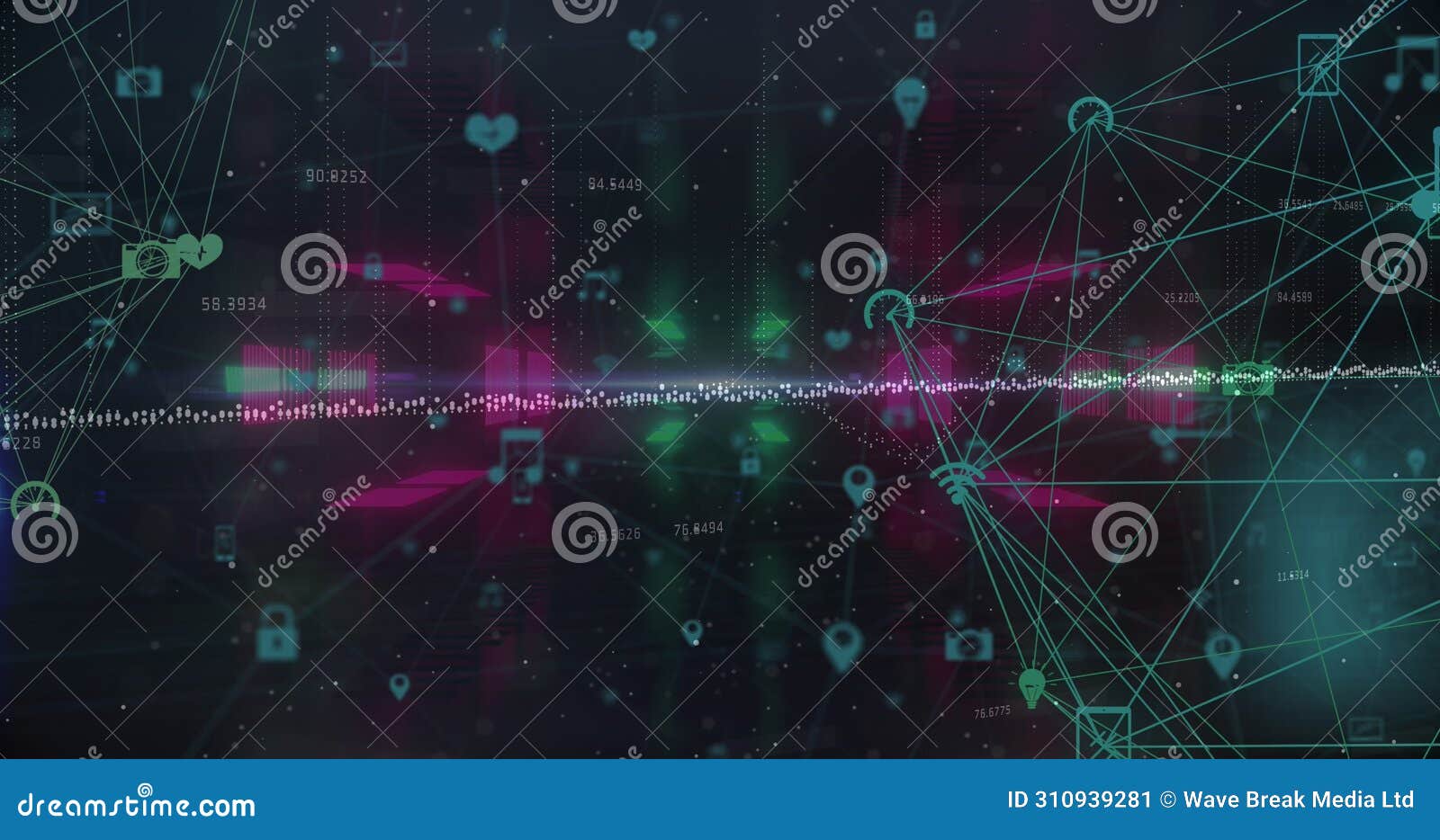 Image of Network of Connection and Neon Lights Moving on Black ...