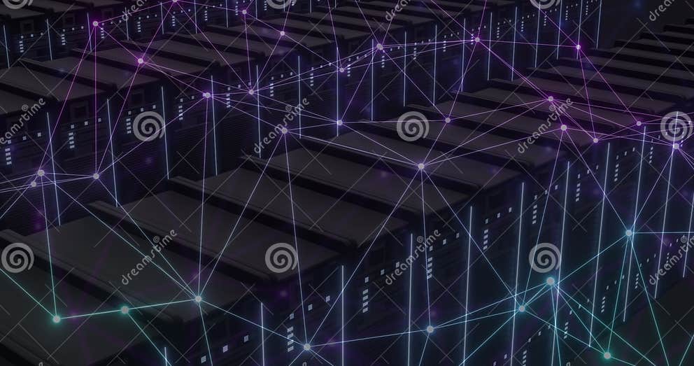 Image of Network of Connections and Digital Icons Over Servers on Black ...