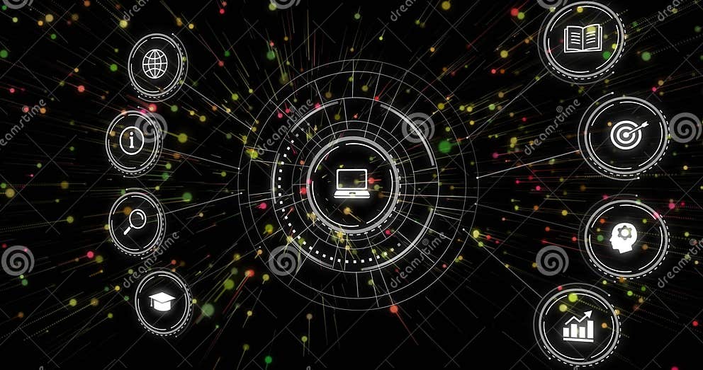 Image of Network of Connections with Icons on Black Background Stock ...