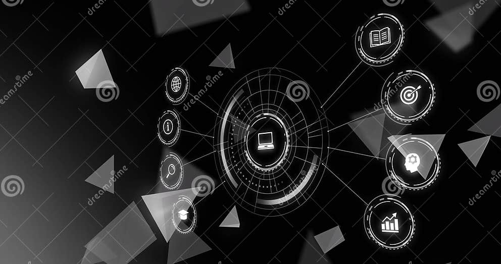 Image of Network of Connections with Icons on Black Background Stock ...