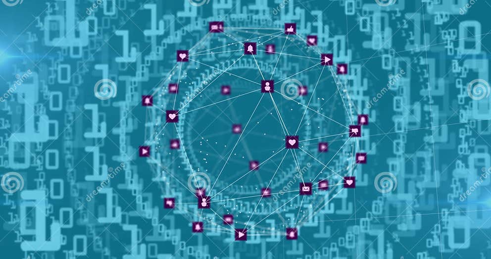 Image of Network of Connections with Icons Over Binary Coding Stock Illustration - Illustration ...